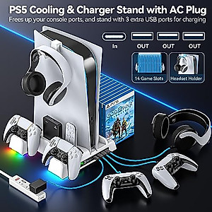 PS5 Stand and Cooling Station with AC Adapter, PS5 Cooling Fan with RGB LED Controller Charging Station for Playstation 5 Console, PS5 Accessories with Controller Charger, 3 USB Hub, Headset Holder