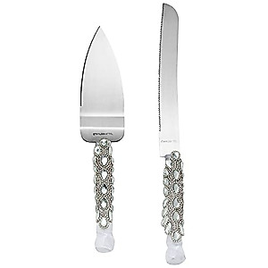 Stainless Steel Wedding Cake Knife and Server Set for Cake Cutting Ceremony, Embellished with Faux Crystals, Diamonds, Ribbon