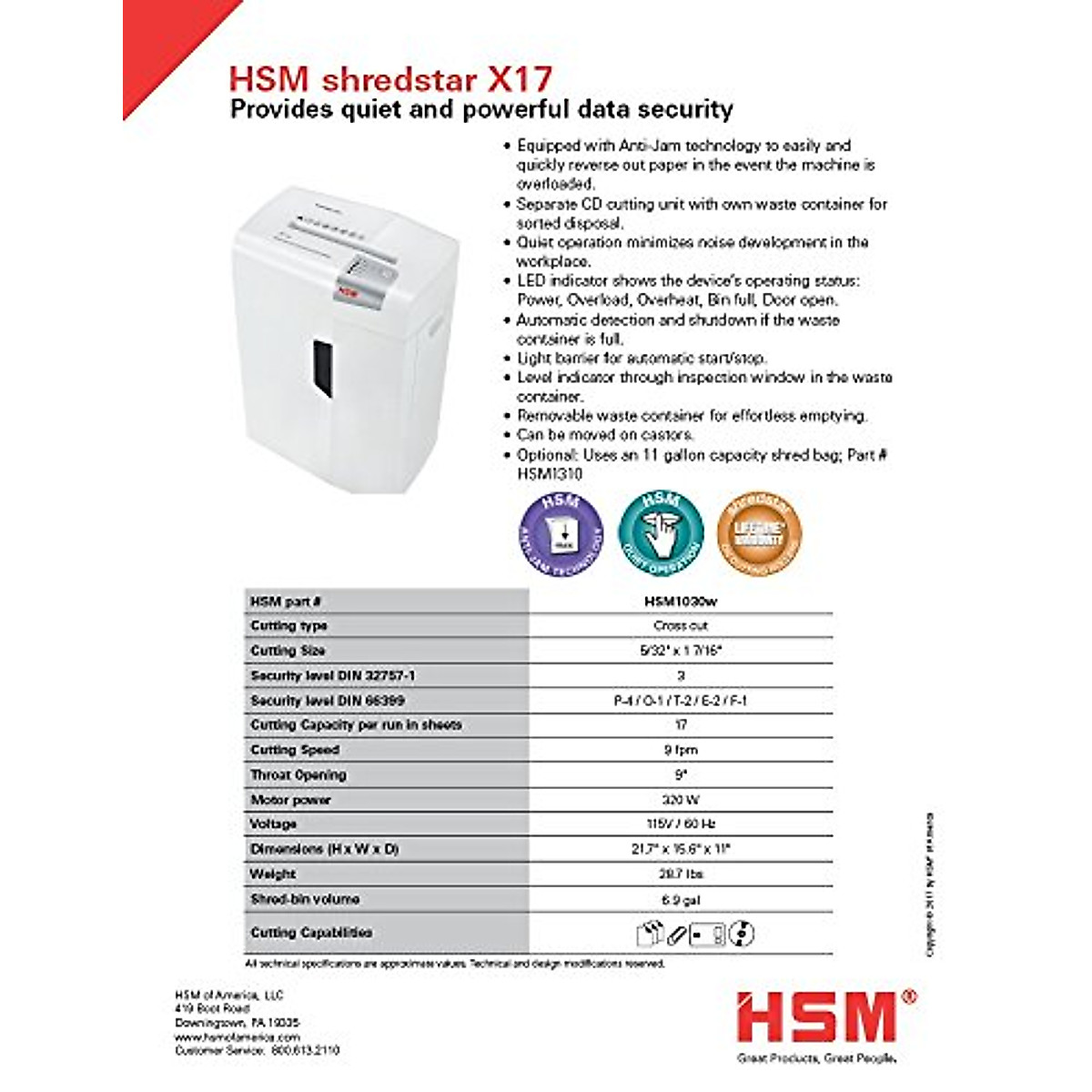 HSM shredstar X17, 17-Sheet Cross-Cut Paper/CD/Card Shredder, P-4 Security Level, 6.9 Gallon, White