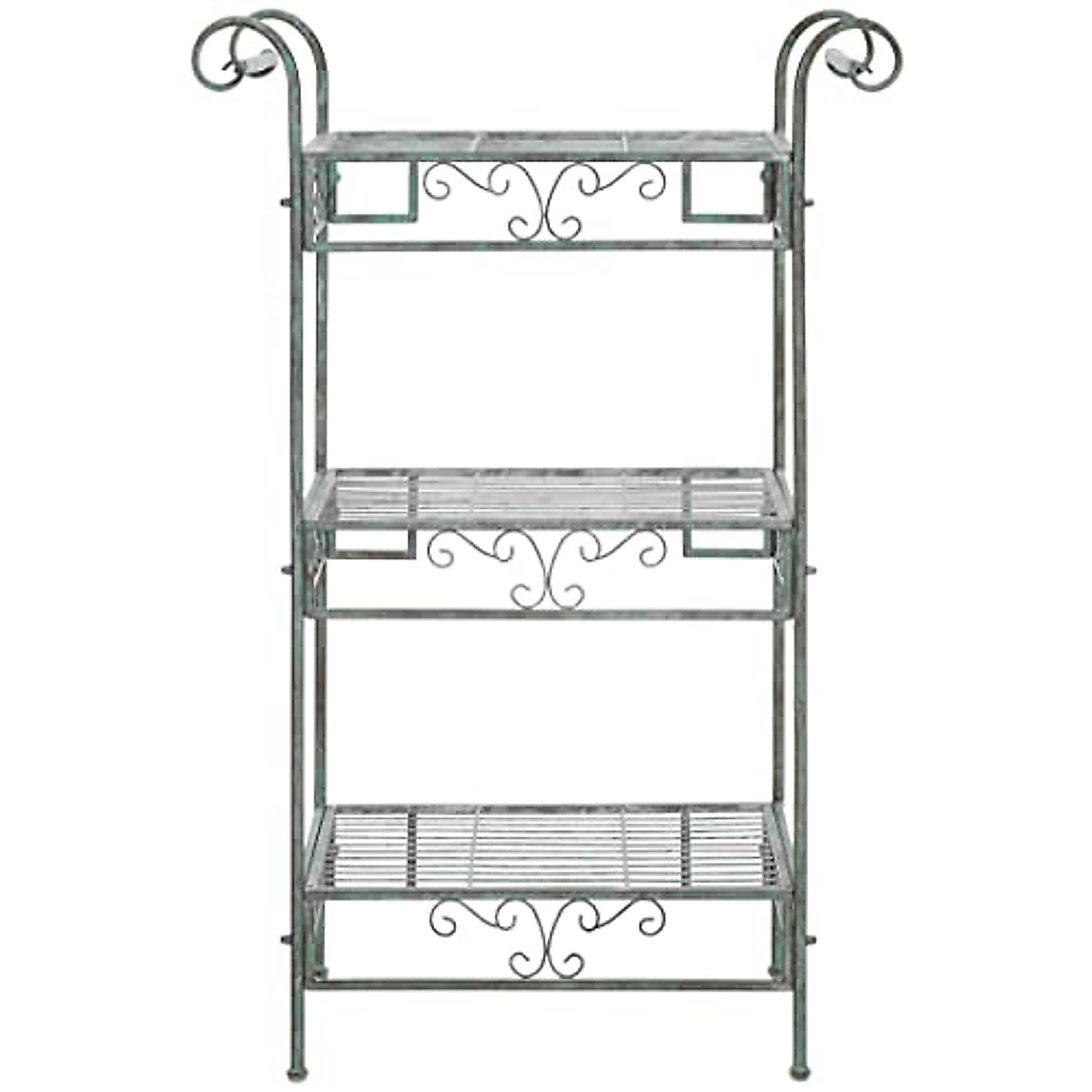 SAFAVIEH Outdoor Collection Noreen Victorian Scroll Antique Dark Green Wrought Iron 3-Tier Shelf