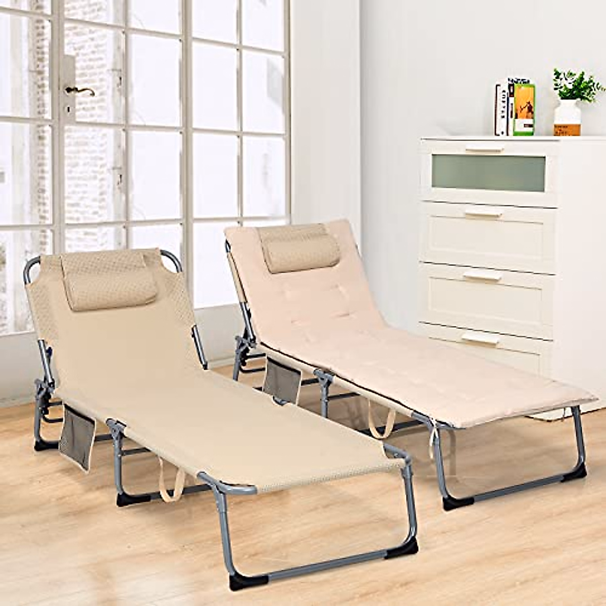 Tangkula 4-Position Folding Chaise Lounge Chair, Tri-Fold Portable Chaise Lounge Chair with Mattress, Pillow, Side Pocket, 330 LBS Reclining Lounge Chair for Beach, Home, Pool, Camping (1, Beige)