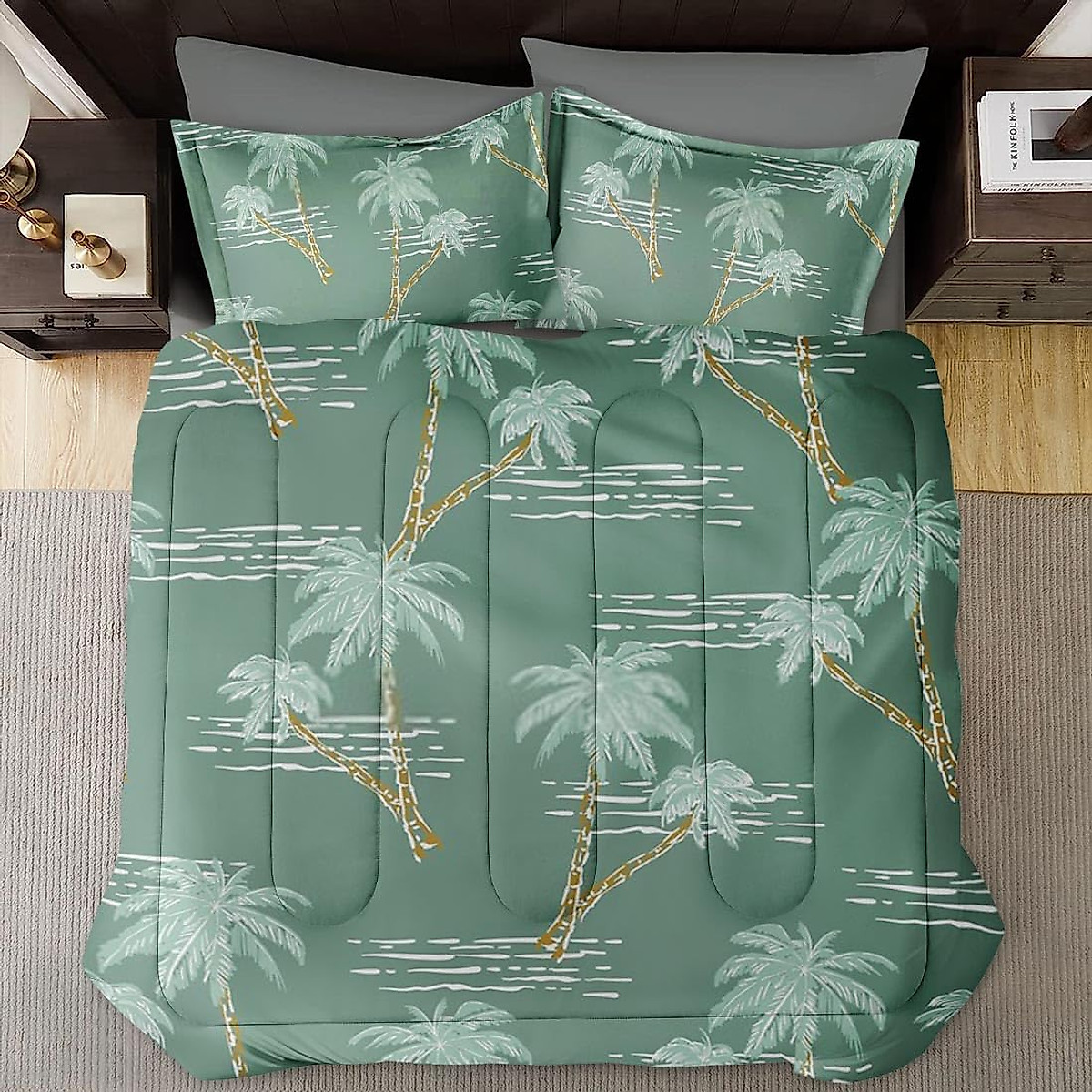 Pinbeam Comforter Set Queen Size, Palm Tree Ocean Retro Soft Bedding Set for Kids and Adults Bedroom Bed Decor, Green Mint Plant Comforter Set with 2 Pillowcases