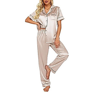 Ekouaer Satin Nightwear Women's Short Sleeve Silk Sleepwear Soft Button Down Loungewear Pjs Set(Champagne,X-Large)