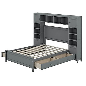 BEBPILOO Full Size Wooden Bed with All-in-One Cabinet and Shelf for Kids,Teens (Gray)