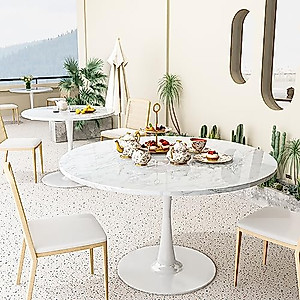 DKLGG White Marble Round, 42.1" Tulip Kitchen Dining 4-6 People with MDF Top & Pedestal Base, Mid-Century End Leisure Coffee Office Living Room Table
