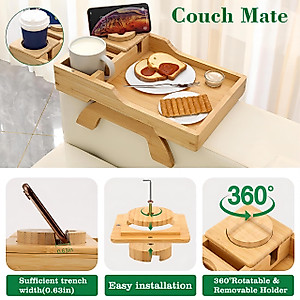 BAMBOOTRAY Couch Arm Tray, Multi-Function Folding Sofa Armrest Tray with 360°Rotating Phone&Pad Bracket, TV Tray for Eating and Beverage