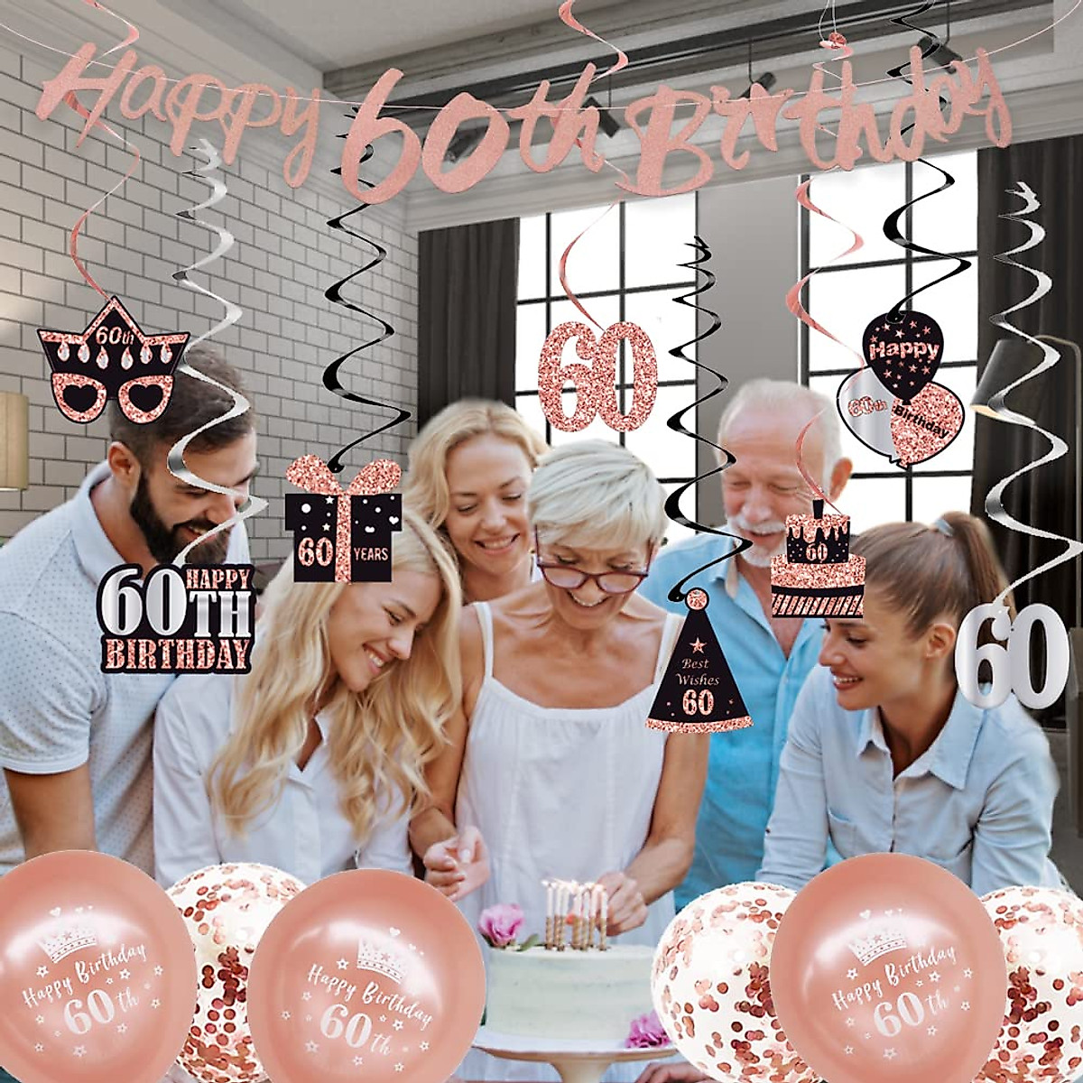 WOJOGO 60th Birthday Decorations Women, Rose Gold & Black Happy 60th Birthday Decorations Kit, Happy 60th Birthday Banner Hanging Swirls Birthday Cake Topper Balloons for Party Supplies