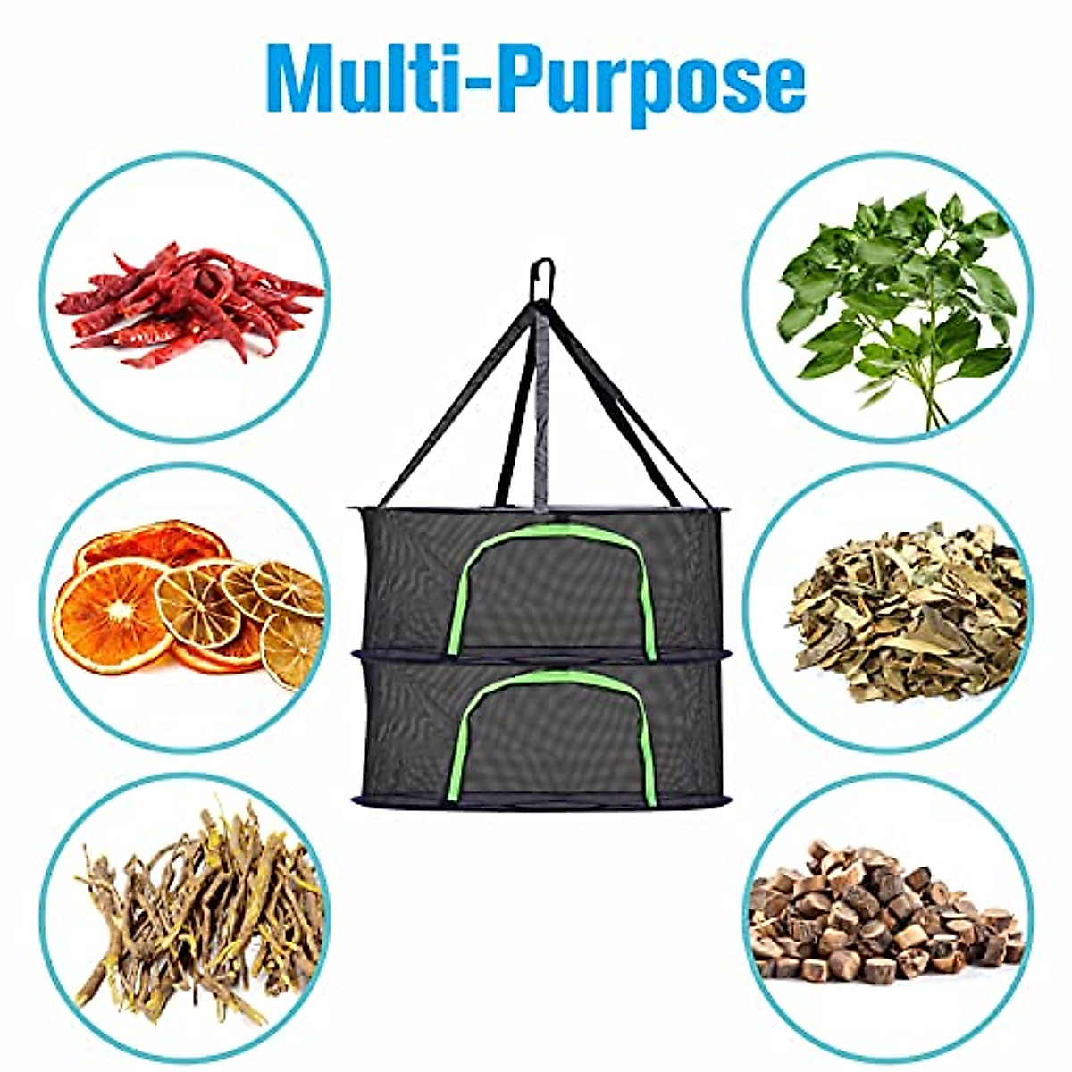Herb Drying Rack Food Dehydrator Plant Hanging Mesh U Shape 2 Layers Collapsible Dry Net with Zipper, Pruning Scissors, Hook, Herb Rack for Drying Seeds, Herb, Vegs, Fruits, Bud, Plants(24"x15.6")