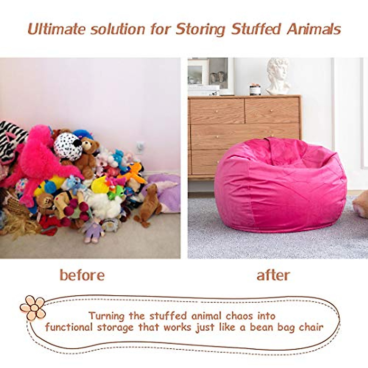 Stuffed Animal Storage Bean Bag Chair Cover Only (No Filler) with Inner Liner for Organizing Children Plush Toy, Memory Foam or Beans, Extra Large Beanbag Replacement Cover, Kids Comfy Stuffie Seat