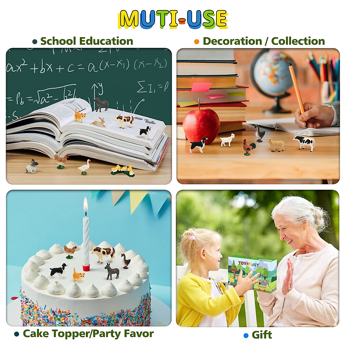 Toymany 14PCS 0.6-2.5" Tiny Farm Animal Figures Toy, Detailed Texture Farm Figurines Cake Topper, Easter Christmas Birthday Gift School Project for Kids Children Toddlers