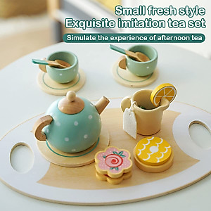 Toy Tea Set, Wooden Pretend Play Tea Party Set, Tea Time Toy Set, Role Play Toy Kitchen Accessories, Dessert Food Playset Interactive Simulation Teacup Toy for Toddlers Kids