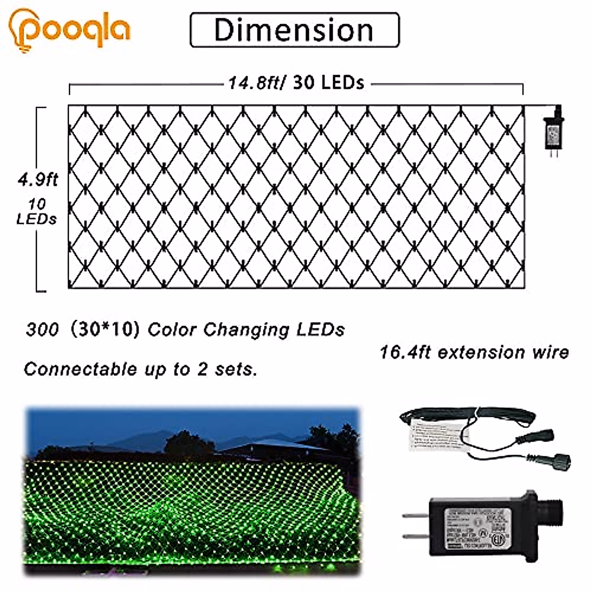 Pooqla 14.8x4.9ft Net Lights, 300 LED St Patricks Day Lights Outdoor Green Lights with 8 Lighting Modes, Connectable Waterproof Mesh String Fairy Lights for Bushes Tree Garden St. Patrick's Day Decor