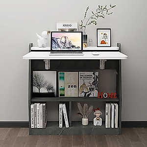 Pmnianhua Wall Mounted Folding Desk, 31'' Drop-Leaf Table,Drop Down Laptop Desk,Folding Wall Desk with Storage for Small Space Bedroom Living Room (Grey White)