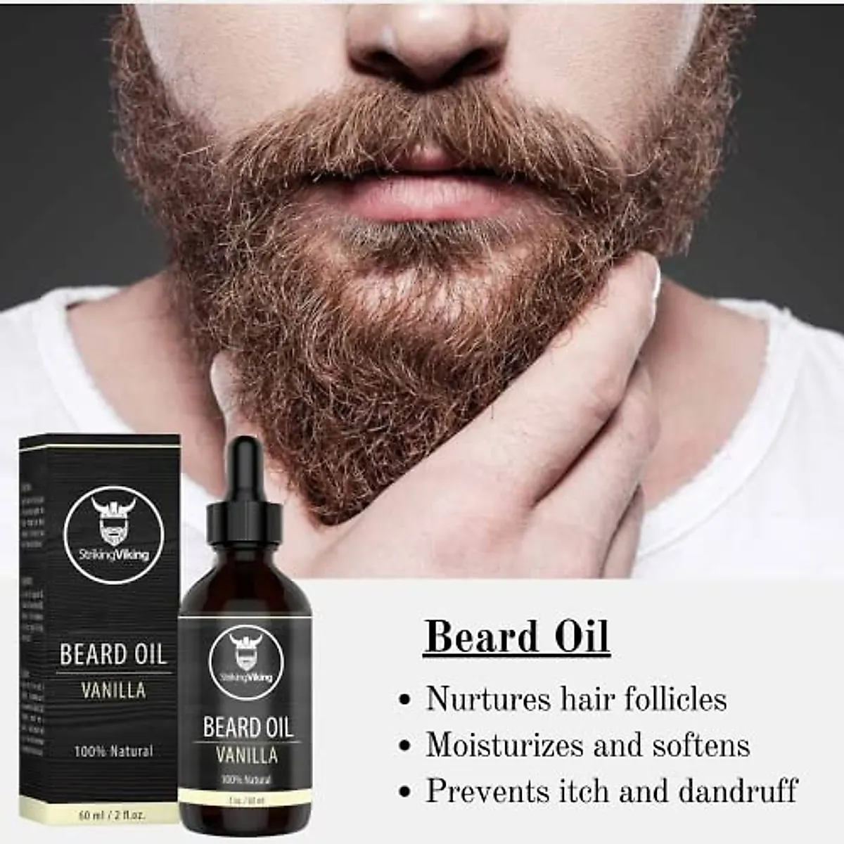 Striking Viking Vanilla Beard Oil (Large 2 oz.) - 100% Natural Beard Conditioner with Organic Argan and Jojoba Beard Oils with Vanilla Scent - Softens, Moisturizers, and Strengthens Beard Growth