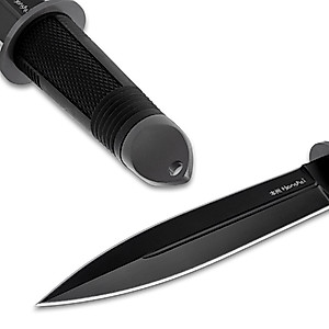 HONSHU Midnight Forge Fighter Knife and Leather Belt Sheath - Stainless Steel Blade, Double-Edged, Rubberized Grip, Steel Guard and Pommel, Non-Reflective Fixed Blade for Tactical Use - Length 13 1/4”