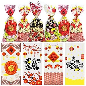 100 Pcs Chinese New Year Gift Bags, 4 Designs Chinese New Year Goodie Bags Lunar New Year Spring Festival Year of the Rabbit Cellophane Treat Candy Favor Red Bags for Chinese New Year 2023 Decorations and Party Supplies