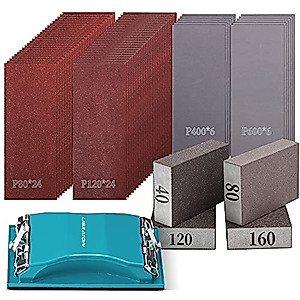 Sandpaper 65Pcs, Sand Paper, Sandpaper Assortment 80/120/400/600Grit, Assorted Sandpaper for Wood, Sanding Sponges, Sanding Handle, Heavy Grit Sandpaper Sheets for Wood, Metal, Wet and Dry Sanding