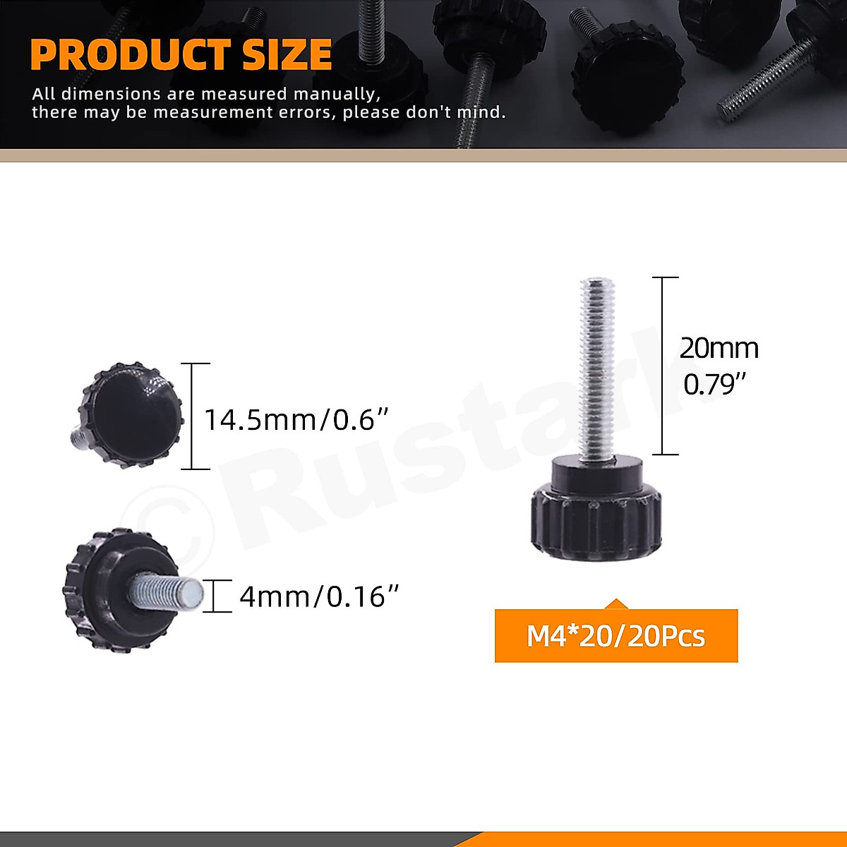 Rustark 20Pcs M4 x 20mm Threaded Knurled Thumbscrew Clamping Knobs Grip Thumb Screw Assortment Kit, Knurled Clamping Knob Grip Black Round Clamping Screws