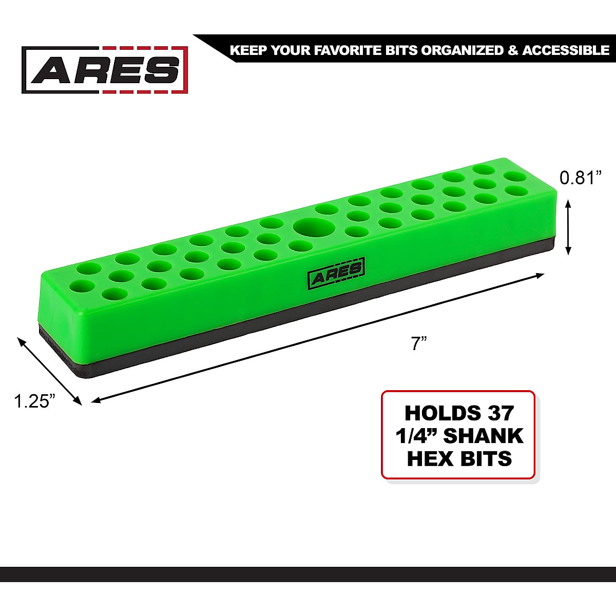 ARES 60013 - Green 37 Hole Hex Bit Organizer with Strong Magnetic Base - Keep Your Favorite Specialty, Drill, Tamper & Quick Change Bits Conveniently Organized and Accessible