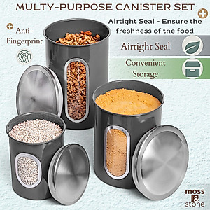 Moss And Stone 3 Piece Gray Canisters Sets For The Kitchen, Kitchen Jars With See Through Window | Airtight Coffee Container, Tea Organizer, And Sugar Canister, Kitchen Canisters Set of 3 (Grey)