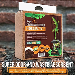 ReptiCasa Compressed Coconut Fiber Substrate, 10 lb. Block, Natural Husk Terrarium Bedding, Reptiles, Frogs, Snakes, or Tortoise, Odor and Waste Absorbent Compostable, Organic with High Expansion