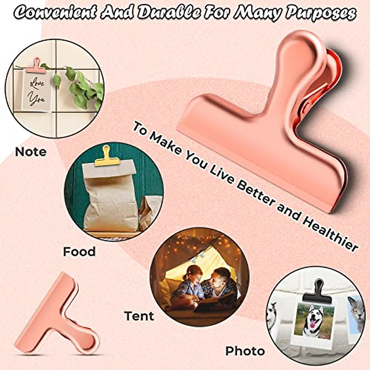 6 Pack Rose Gold Bag Clips for Food, Chip Clips Bag Clips Food Clips, Heavy Duty Snack Clips, Clips for Food Packages, Air Tight Seal for Home Office Kitchen