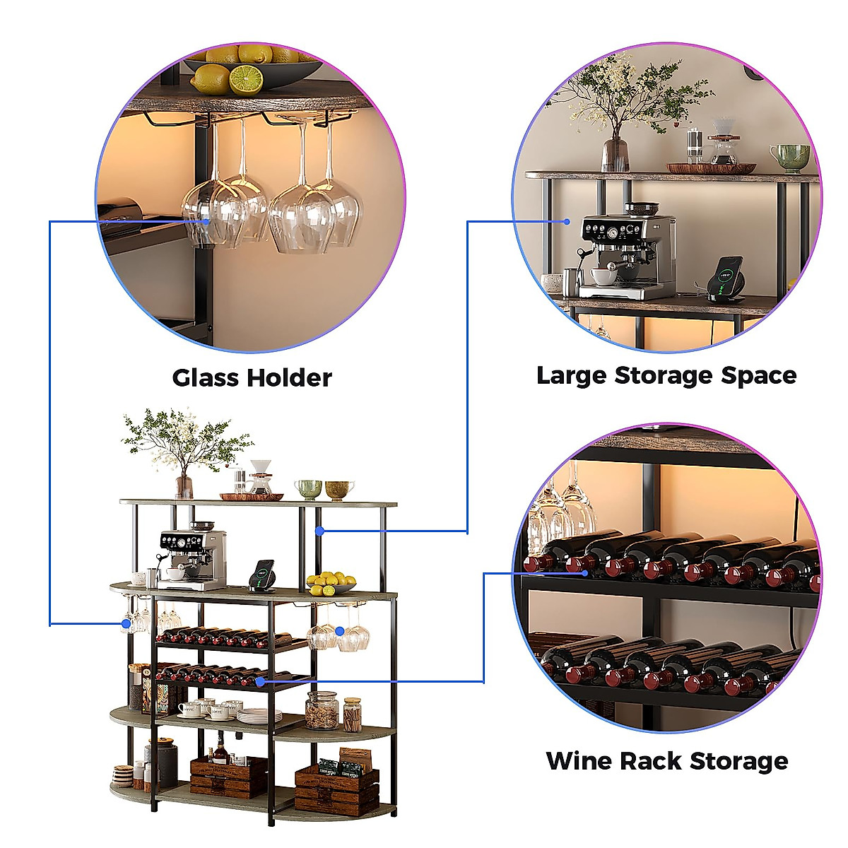WASAGUN 6-Tier Coffee Bar Cabinet with Power Outlet & RGB LED, Wine Bar Cabinet for Home, Coffee Bar Cabinet Table with Wine Rack & Storage, Liquor Bar Cabinet for Dining Room