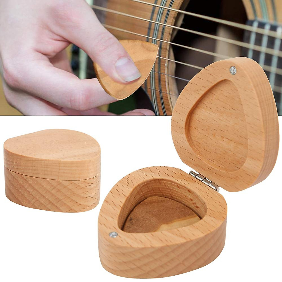 Beech wood pick case, funny heart-shaped small portable box, for guitarist storage