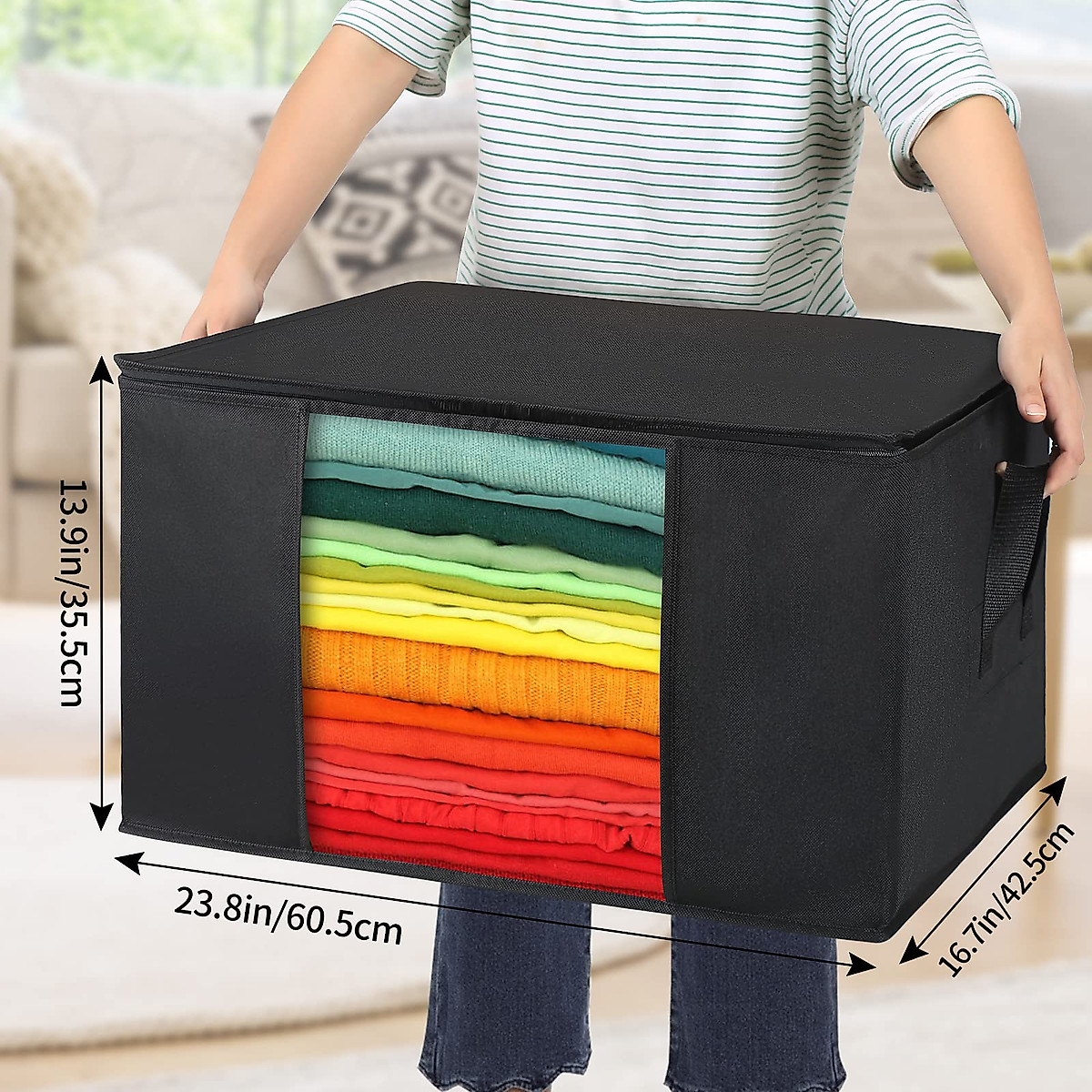 BERVES Storage Bag 90L 3 Pack, Large Capacity Foldable Closet with Reinforced Handle and Sturdy Zipper , Clear Window, Thick Fabric Organizers for Blankets, Clothes, Bedding (Black)