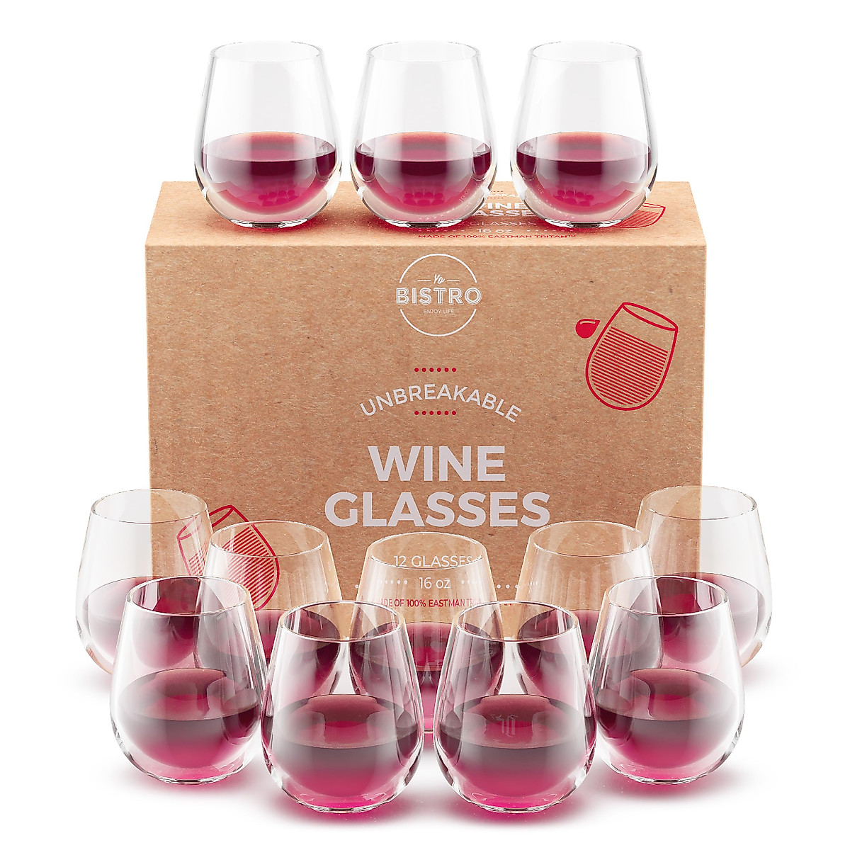 YO BISTRO Unbreakable Stemless Wine Glasses | Set of 12 | 100% Tritan Shatterproof Plastic | 16 Oz | Dishwasher Safe