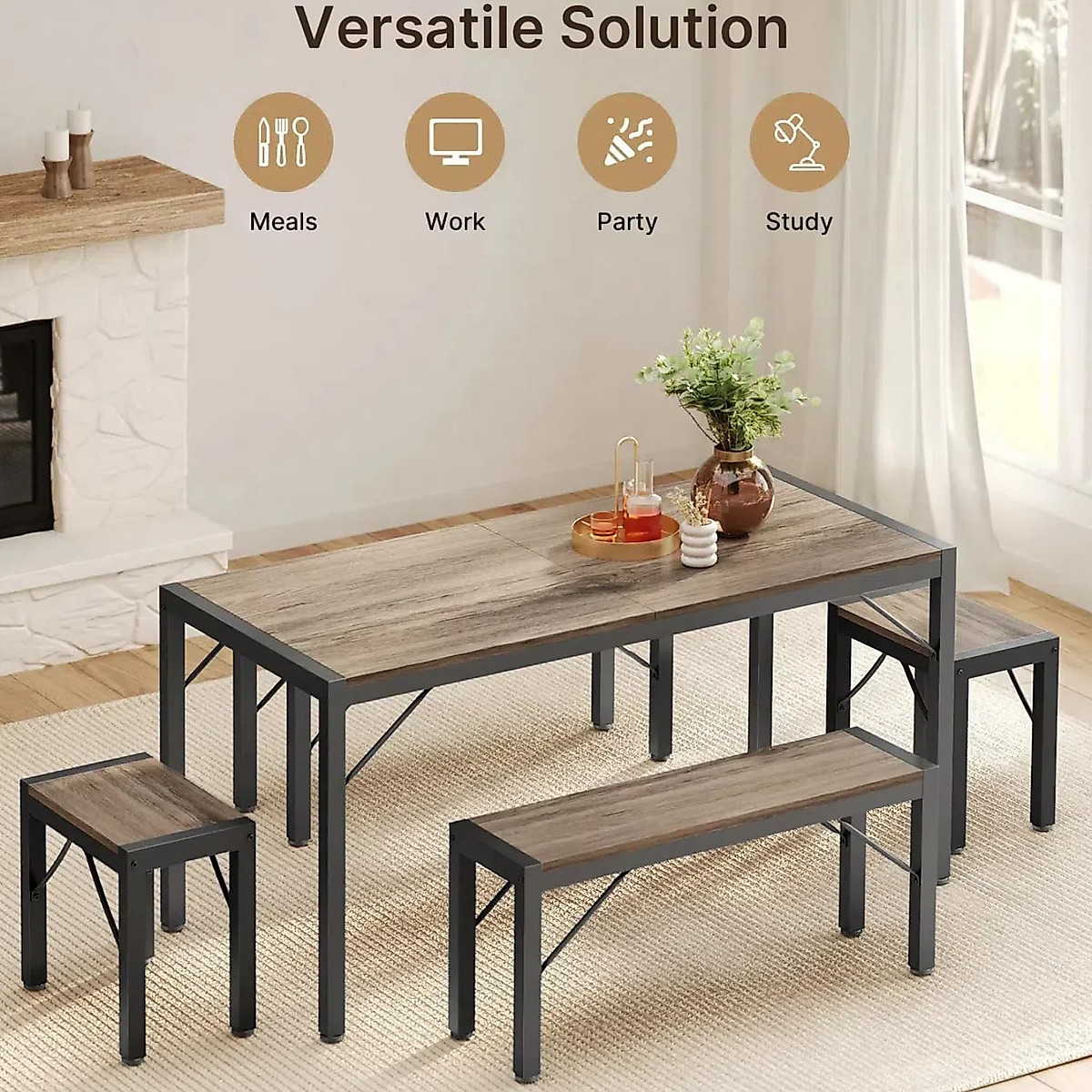 Gizoon 63" Dining Room Table Set for 6, Kitchen Table with 2 Benches and 2 Stools, Dining Table Set with Metal Frame, Space-Saving Kitchen Table Set for Apartment, Grey