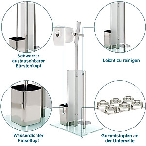 WC Set with roll Holder - Shiny Chrome - Toilet Paper Holder - Stainless Steel Chrome-Plated - Glass Base - Dim: 32x20x70cm– Easy Installation – Plus: 1+2 Extra Toilet Brush Heads for Exchange!