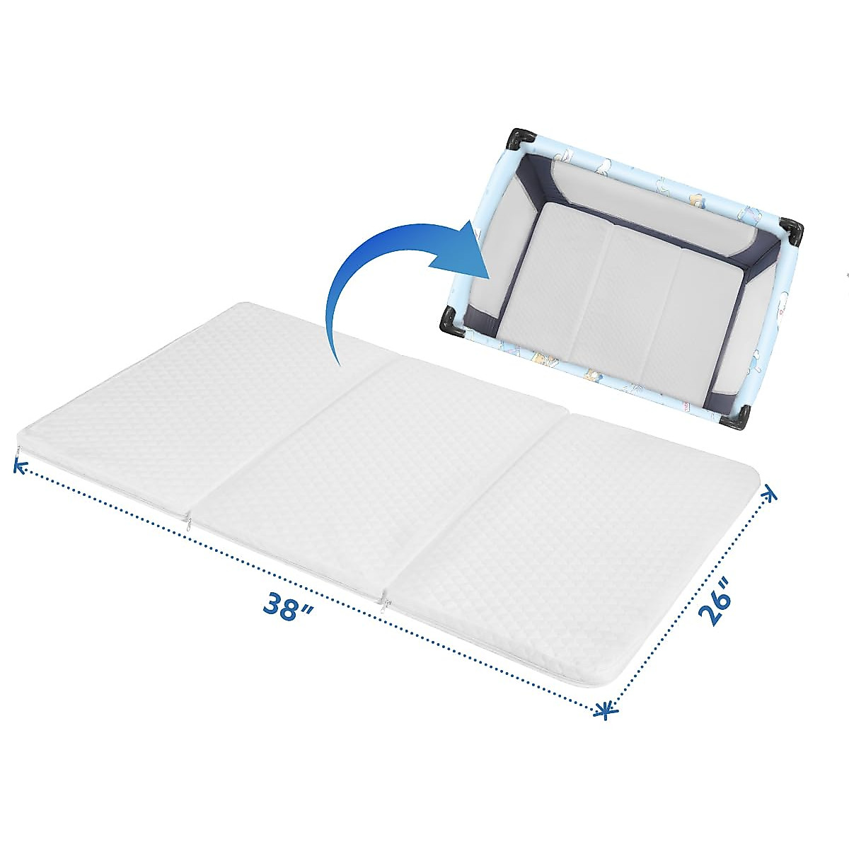 Criblike Trifold Pack and Play Mattress, Waterproof Playpen Mattress, Portable Crib Mattress Topper, with Soft Washable Cover, 38’’x26’’