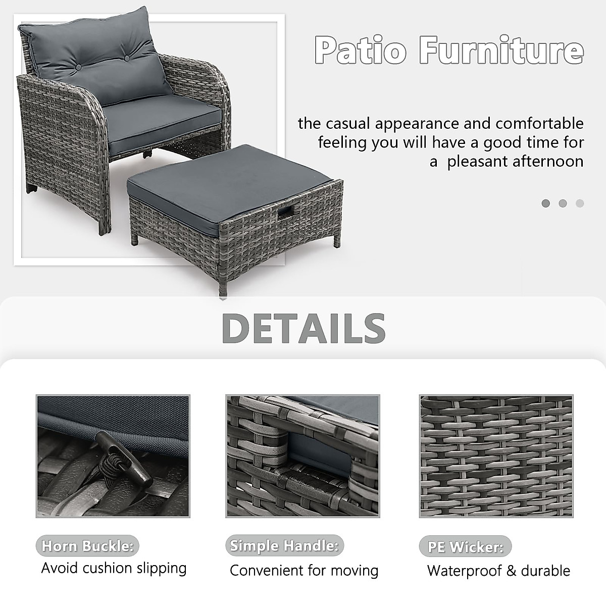 Auzfy Patio Chair with Ottomans and Table, 5 Piece PE Wicker Rattan Outdoor Patio Furniture Set, Space Saving Design Outdoor Chairs with Ottomans Set for Balcony Poolside Front Porch Deck, Grey