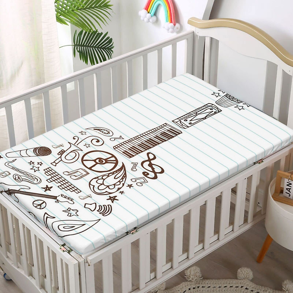Music Themed Fitted Crib Sheet,Standard Crib Mattress Fitted Sheet Ultra Soft Material-Baby Crib Sheets for Girl or Boy,28“ x52“,White Chocolate Baby Blue