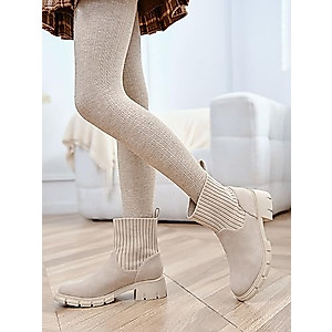 Coutgo Girls Boots Kids Combat Chelsea Ankle Booties Chunky Heel Lug Sole Elastic Fall Fashion Shoes Toddler Little Kid Big Kid,Off-White,Size 1