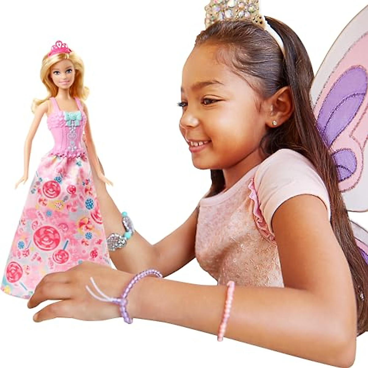 Barbie Doll Fantasy Dress-Up Set with Blonde Fashion Doll, Candy-Inspired Clothes & Accessories like Fairy Wings & Mermaid Tail