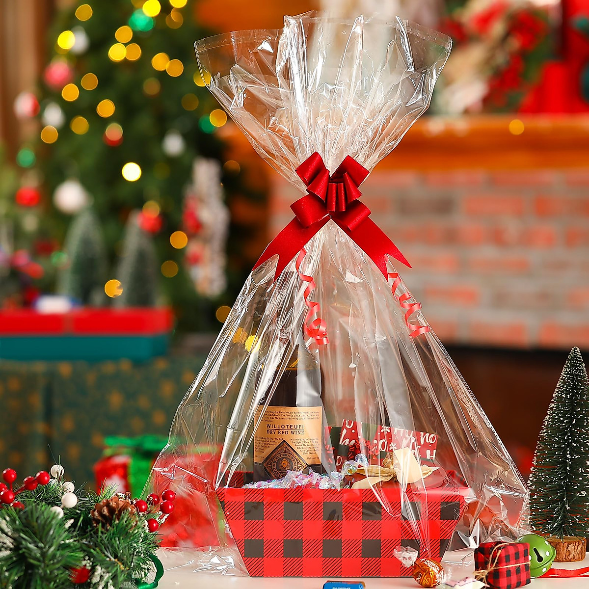 Yeaqee 36 Pcs Christmas Baskets for Gifts Empty Set Includes 12 Buffalo Plaid Christmas Basket for Gifts to Fill, Sturdy Cardboard Baskets Bulk 12 Bags 12 Pull Bows for Christmas Xmas