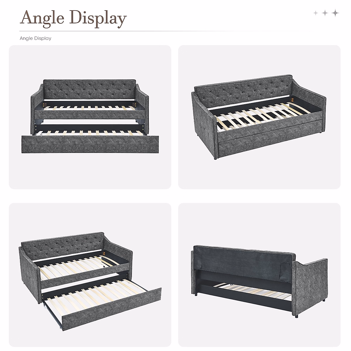 Antetek Daybed with Trundle, Fabric Upholstered Twin Size Day Bed Pull-Point Sofa Daybed Frame w/Twin Roll-Out Trundle, No Box Spring Needed, Furniture for Bedroom, Living Room, Guest Room, Grey