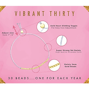 Lucky Feather 30th Birthday Gifts for Women; 30th Birthday Bracelet with 30 14K Gold Dipped Beads on Adjustable Cord; 30 Birthday Gift Ideas for Her