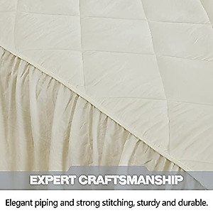 HIG 3 Piece Farmhouse Ruffled Skirt Bedspread Set King, Chic Ivory Diamond Stitched Coverlet with 30" Drop Dust Ruffle, French Country Bedding Collections for Bedroom Decor, Washed Microfiber (Elain)