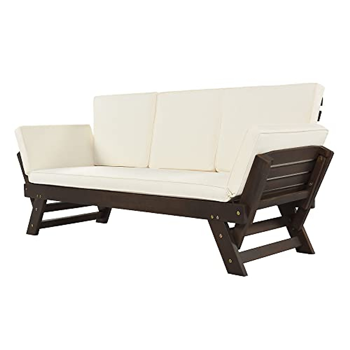 Goohome Outdoor Futon, Outdoor Daybed Cushion Patio Sofa, Adjustable Convertible Wooden Patio Loveseat Sofá Chaise Lounge Sectional Furniture Set, for Balcony, Backyard, Poolside
