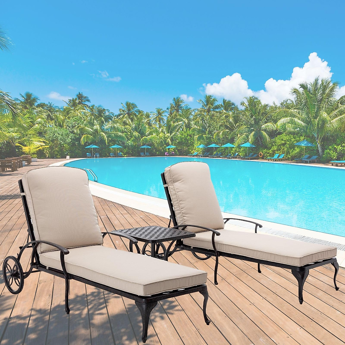 Luccalily Chaise Lounge Outdoor Chair with Side Table, Adjustable Reclining Rust-Resistant Aluminum Cast Poolside Chaise with Convenient Wheels, Outdoor Lounge Furniture Set of 3, (Beige)