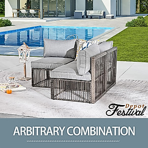 Festival Depot 3 Pieces Patio Conversation Set Sectional Corner Sofa Combination Outdoor Furniture All-Weather Wicker Metal Armless Chairs with Seating Back Cushions Garden Deck Poolside (Grey)