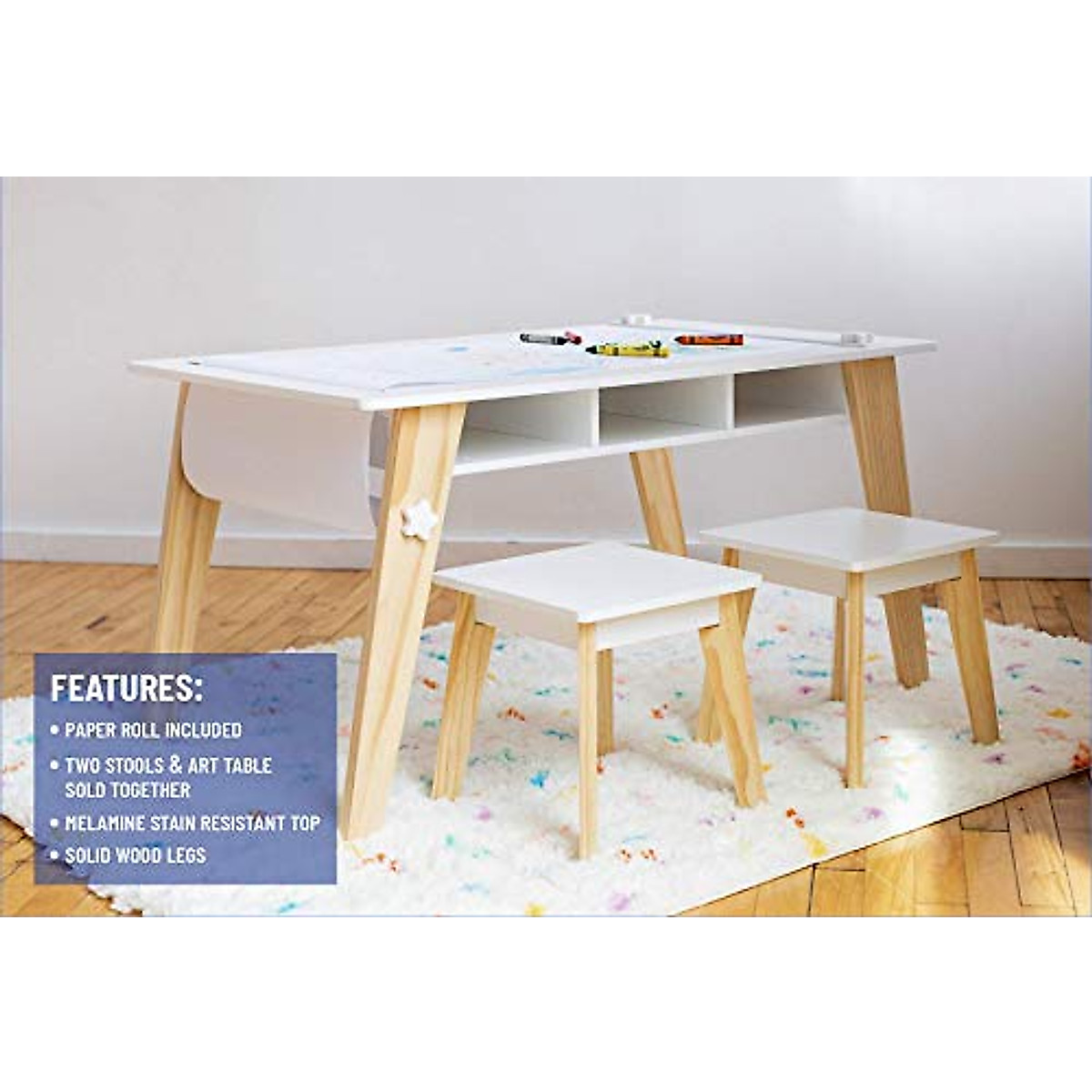 Wildkin Kids Arts and Crafts Table Set for Boys and Girls, Mid Century Modern Design Table Includes Two Stools, Paper and Storage Cubbies Underneath Helps Keep Art Supplies Organized (White)