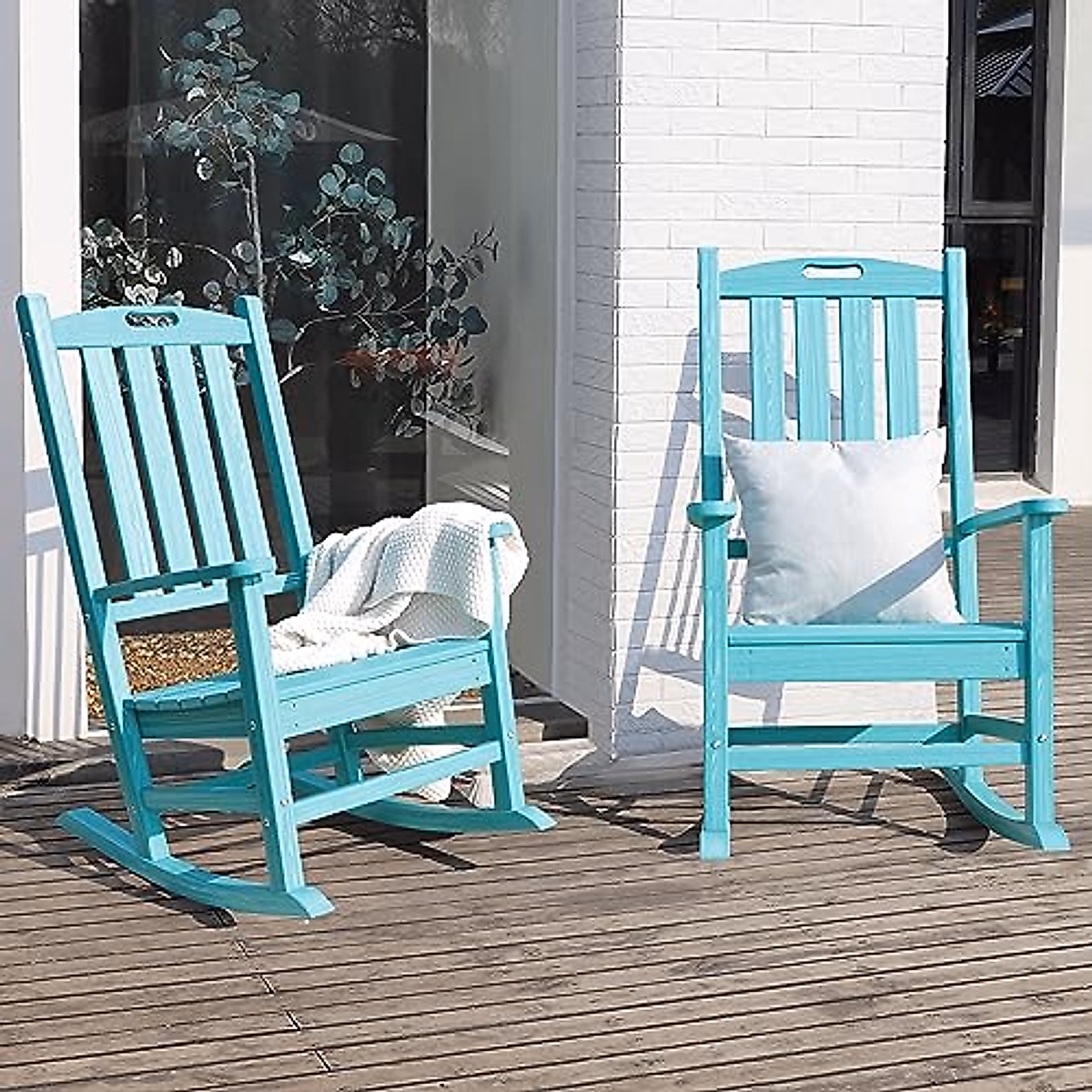 VEIKOU Rocking Chairs for Outside, HDPE Outdoor Rocking Chairs Set of 2, Heavy Duty Porch Rocker Supports 350lbs, All Weather Rocking Chair w/High Back & Wide Seat, (Blue, 2 Chairs)