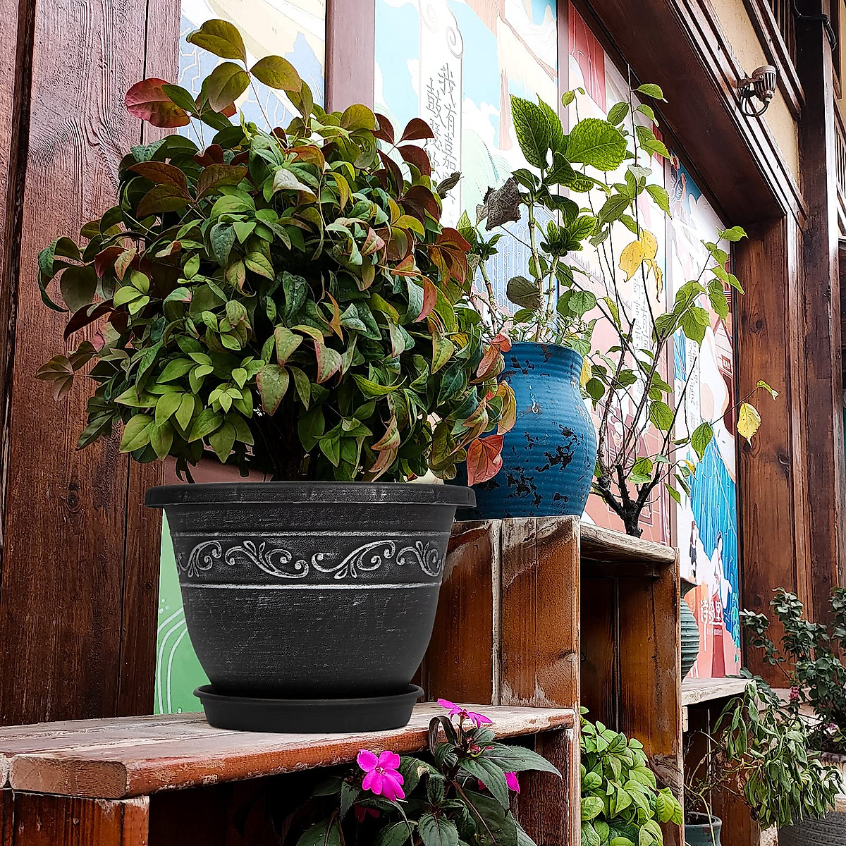 QCQHDU Plant Pots, 3 Packs 12 inch Planters with Drainage Hole Saucer, Plastic Flower Pots for Indoor Plants Retro Decorative for Outdoor Garden Container Sets(Silver-12 inch)