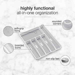 madesmart Large Silverware Tray - White |CLASSIC COLLECTION | 6-Compartments| Kitchen Drawer Organizer | Soft-Grip Lining and Non-Slip Rubber Feet | BPA-Free