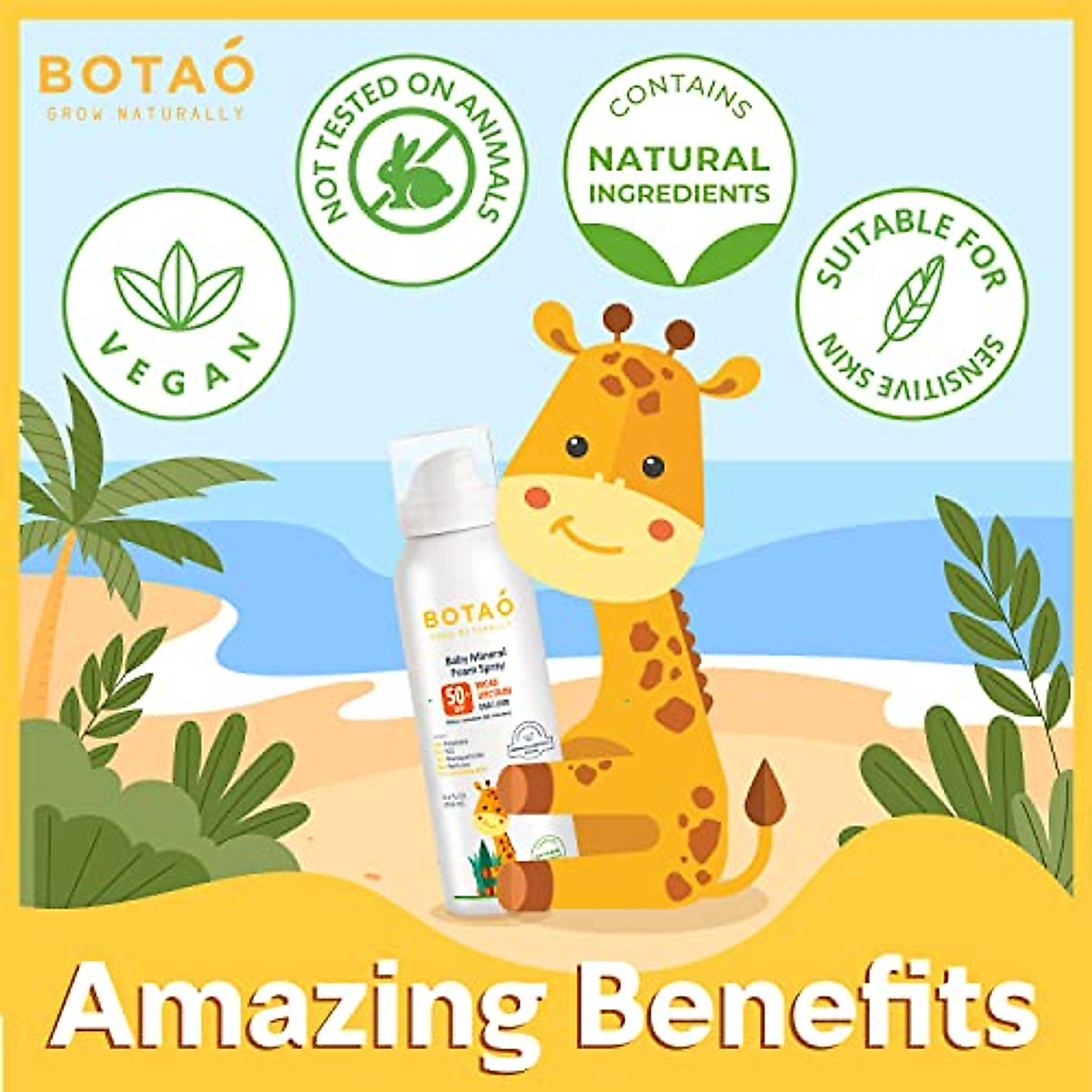 BOTAO BABY’S MINERAL SUNSCREEN FOAM SPRAY: SPF50 Broad Spectrum UVA UVB, Babies or Toddlers Sunburn Protection, Zinc Oxide, 3.4 Oz (1-Pack)