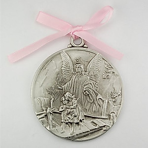Guardian Angel Crib Medal Pink Ribbon Round 2 3/4 Great Gift great baptism christening gift keepsake gift